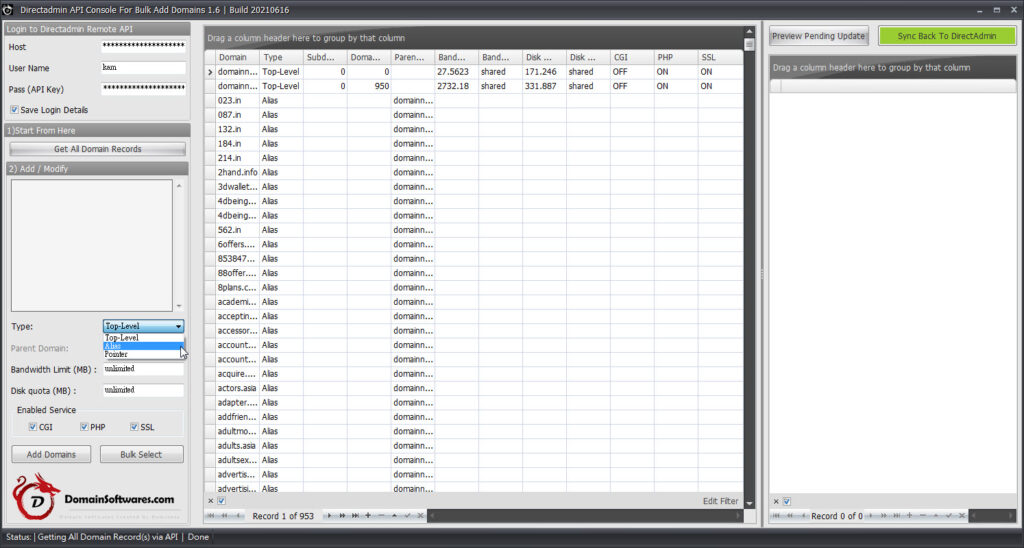 DirectAdmin API Console For Bulk Add Domains - DomainSoftwares.com